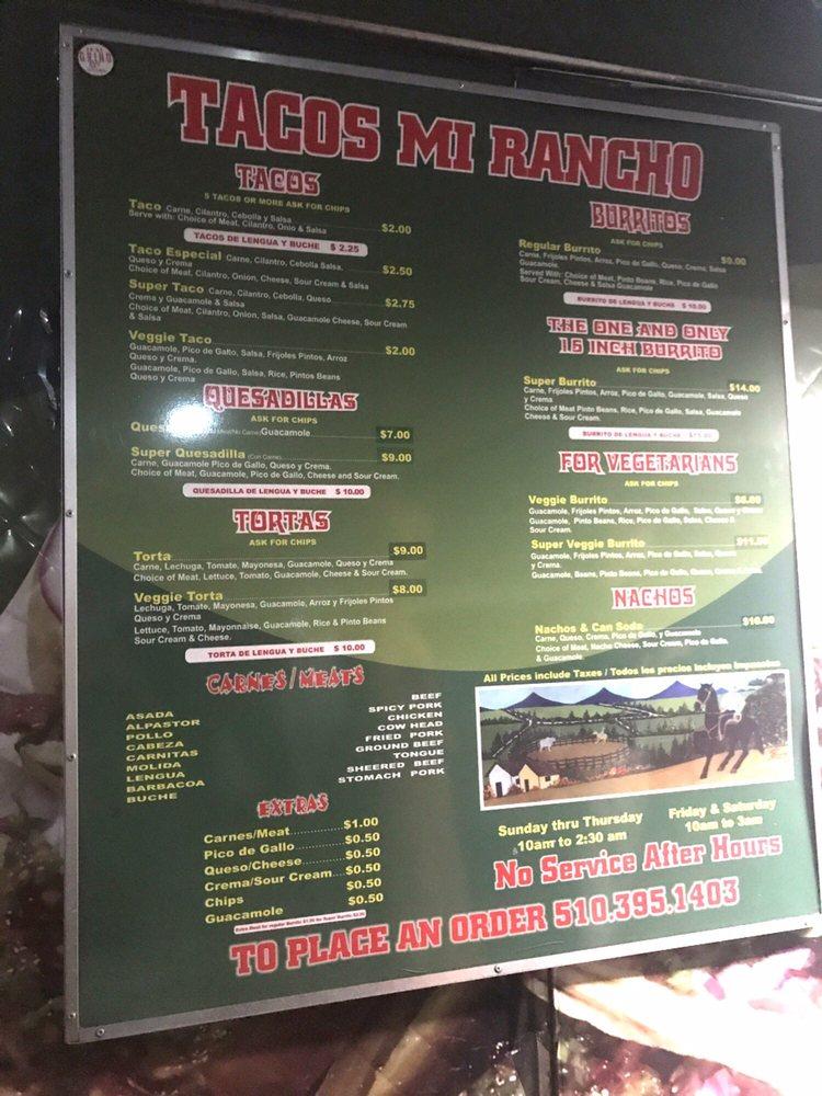 Menu at Tacos Mi Rancho restaurant, Oakland, 1st Ave