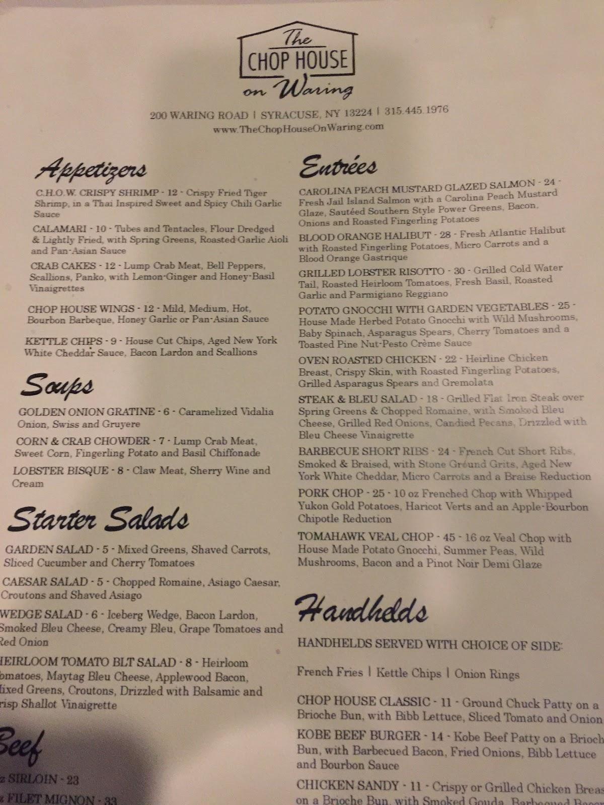 Menu at The Chop House On Waring steakhouse, Syracuse