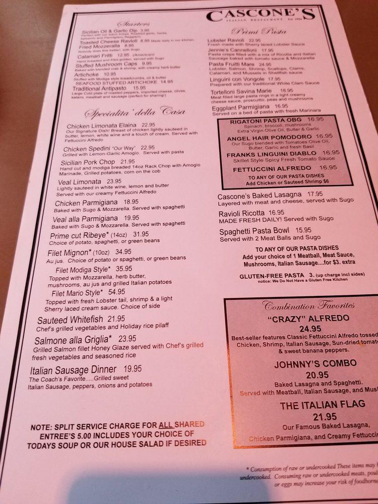 Menu at Cascone's restaurant, Kansas City, N Oak Trafficway