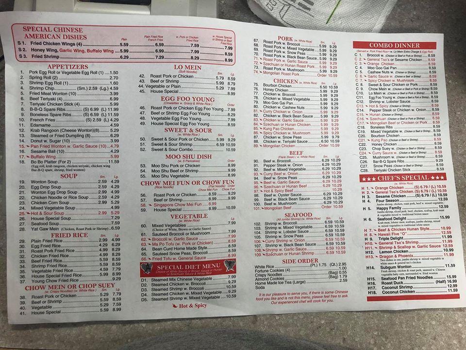 Menu at China King restaurant, Dade City