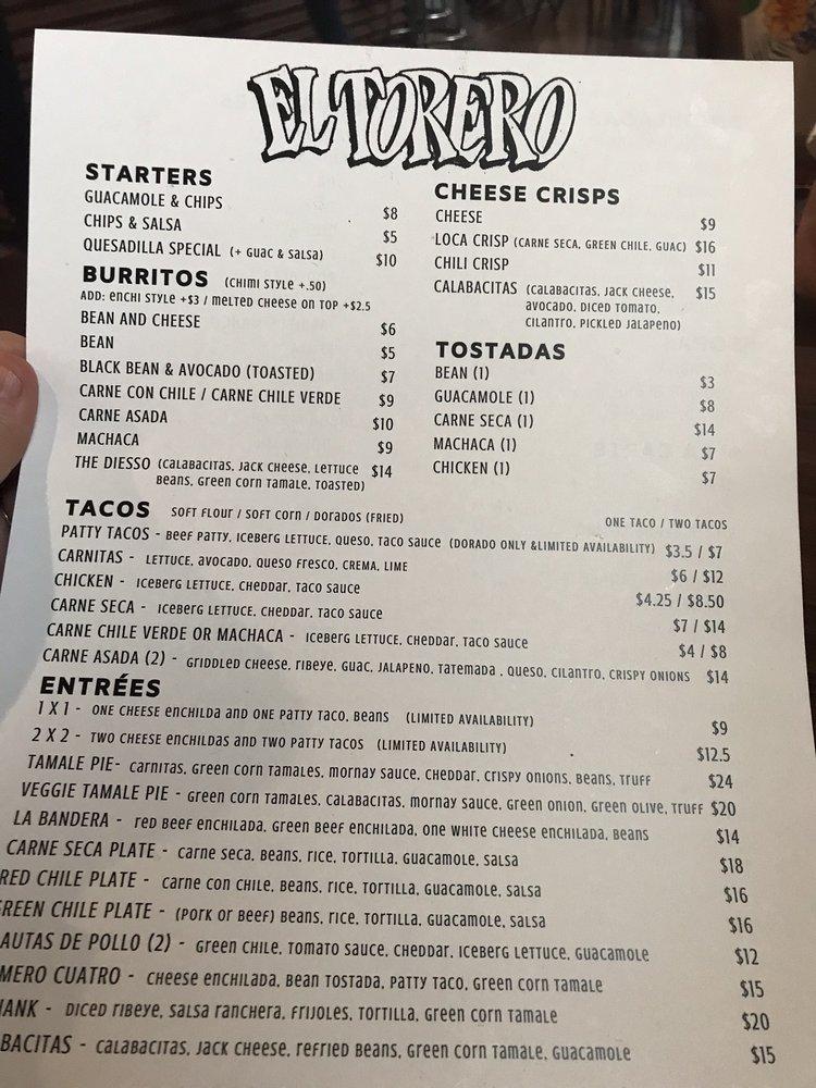 Menu at El Torero Restaurant, Tucson