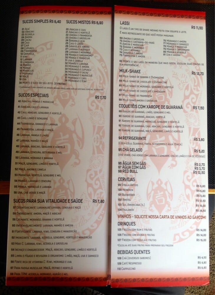Menu at Maori restaurant, Brasília