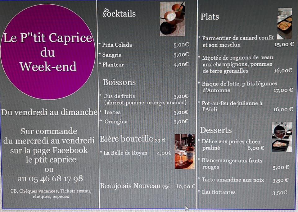 Menu au Le P'tit Caprice restaurant, Vouhé