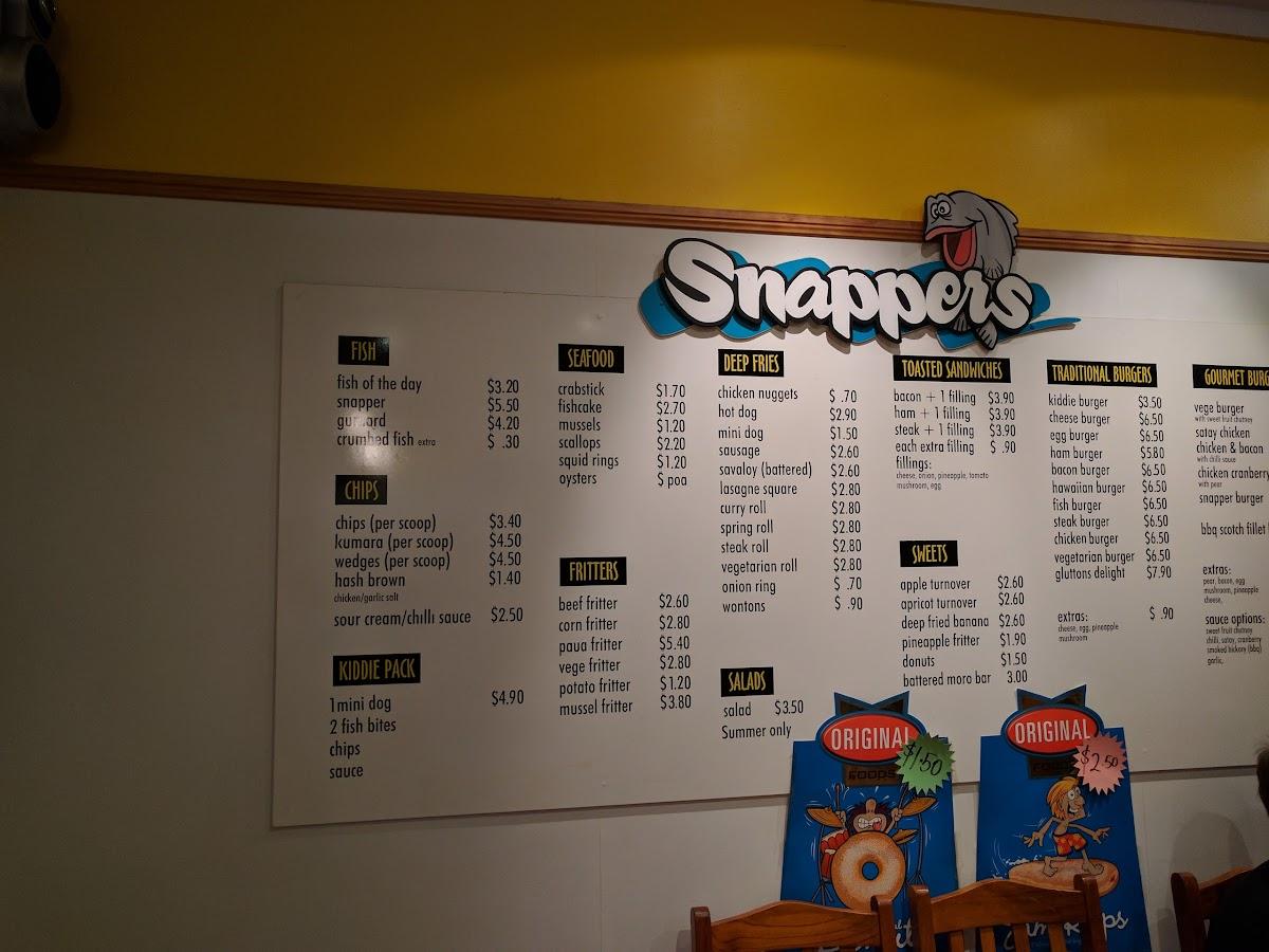 Menu at Snappers Fish and Chips restaurant, New Plymouth