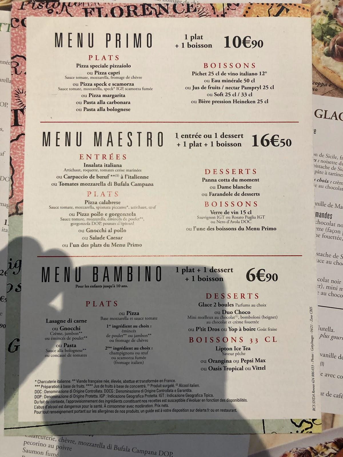 Carta de pizzería Del Arte, Illzach