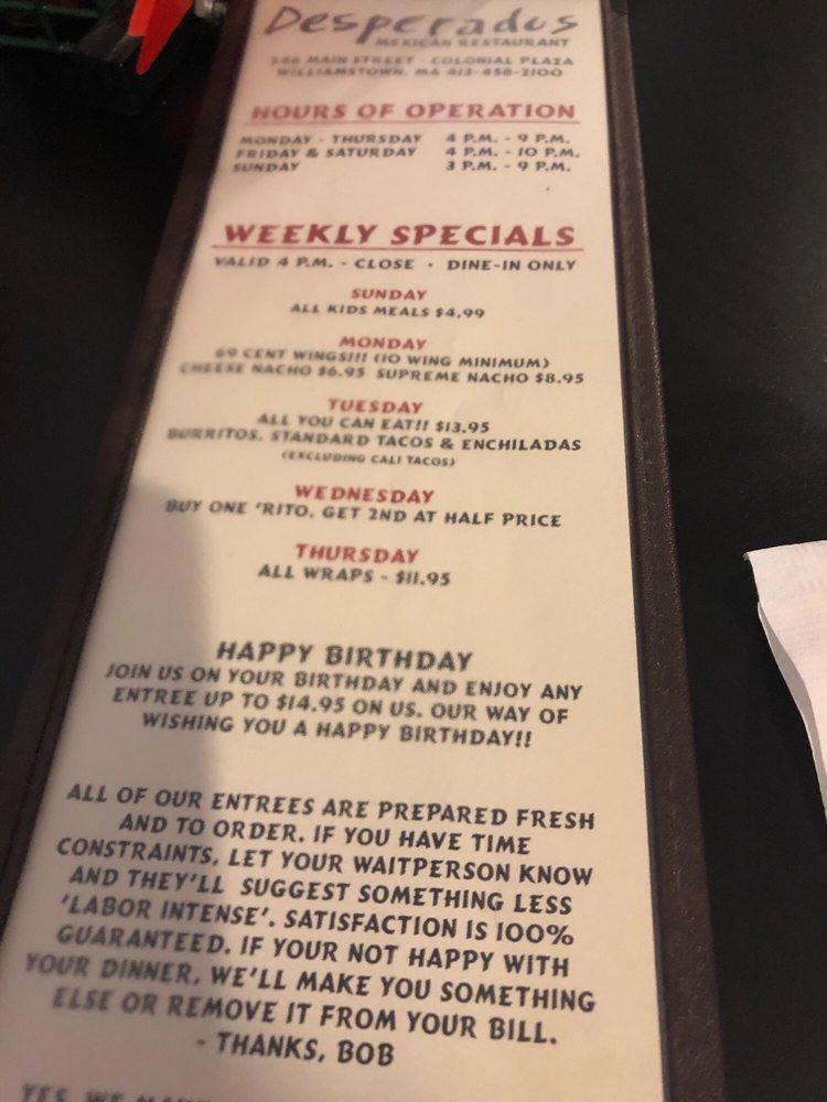 Menu at Desperados pub & bar, Williamstown, 246 Main St