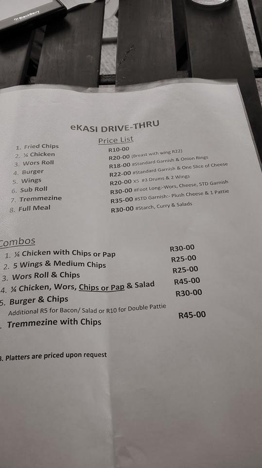 Menu au eKASi Drive-Thru restaurant, KwaMashu
