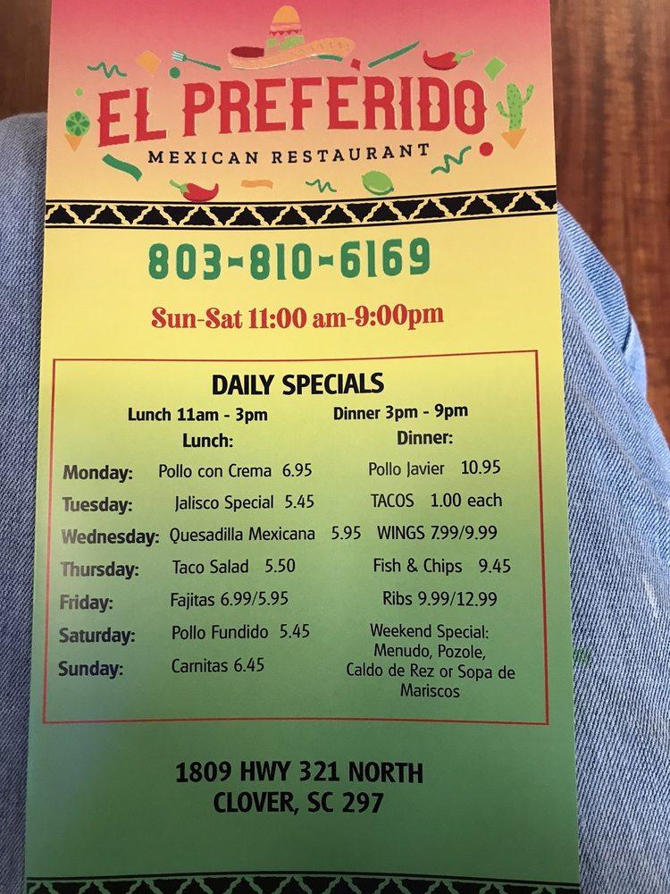 Menu at El Preferido Mexican Restaurant, Clover