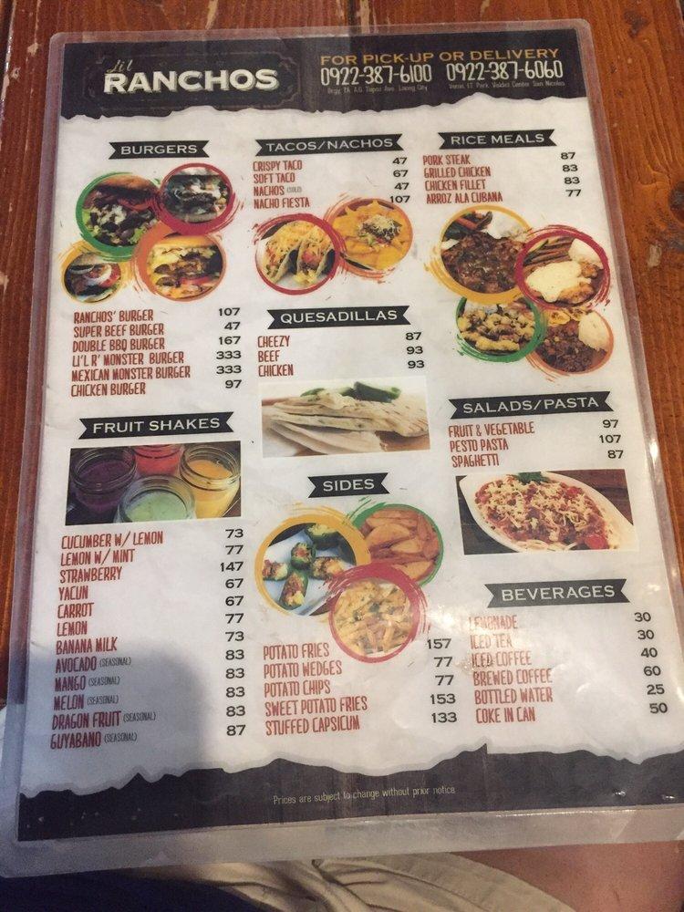 Menu at Li'l Ranchos restaurant, Laoag City