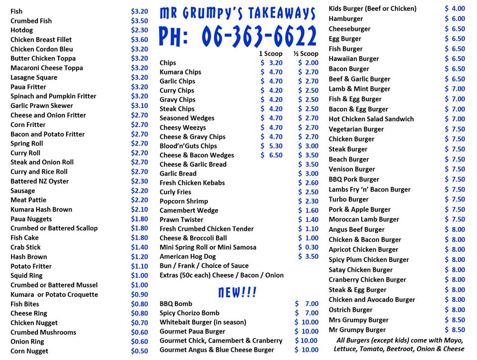 Menu at Mr Grumpys Takeaways restaurant, Foxton, 135 Seabury Ave