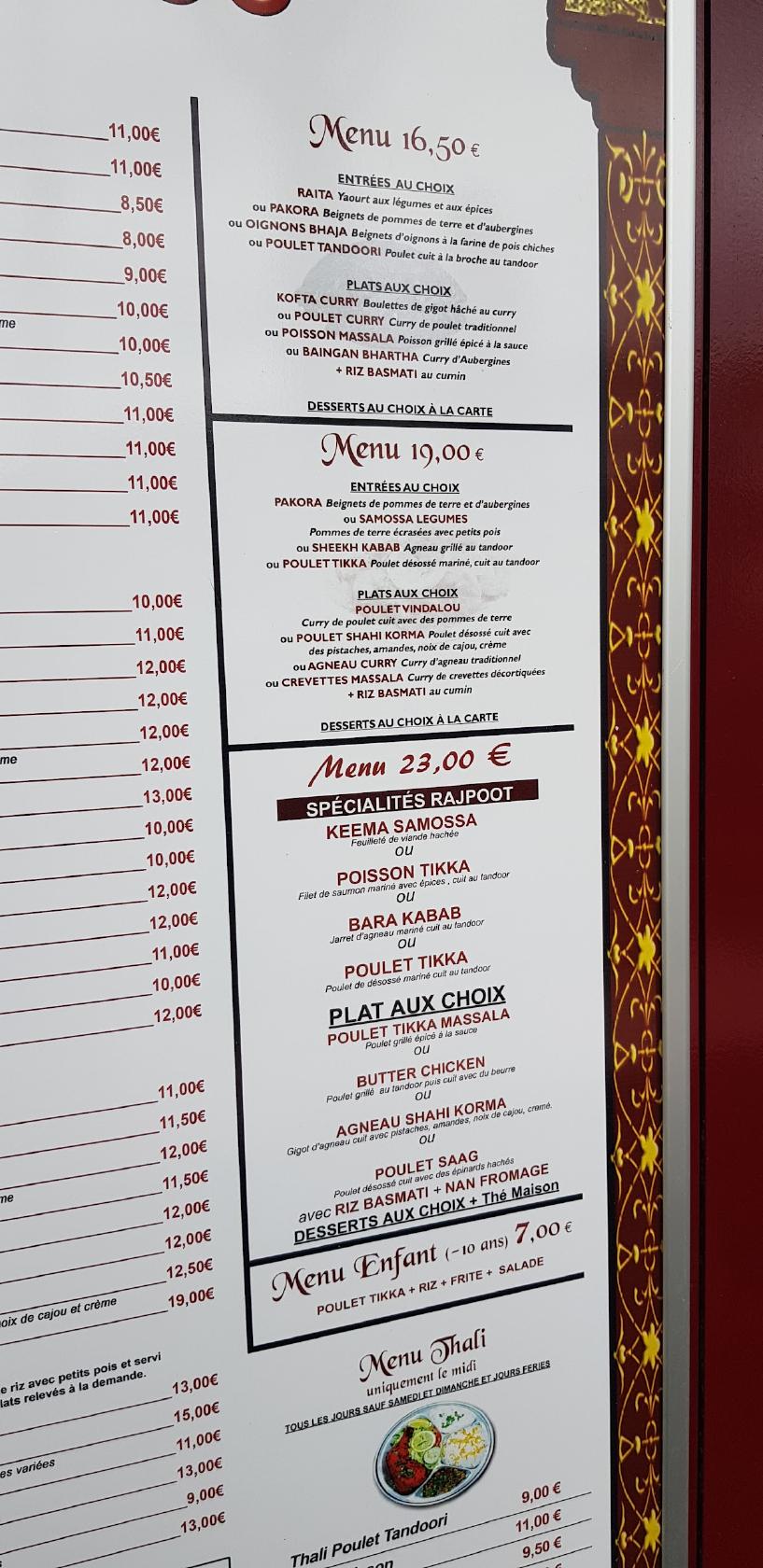 Menu au Rajpoot restaurant, Créteil