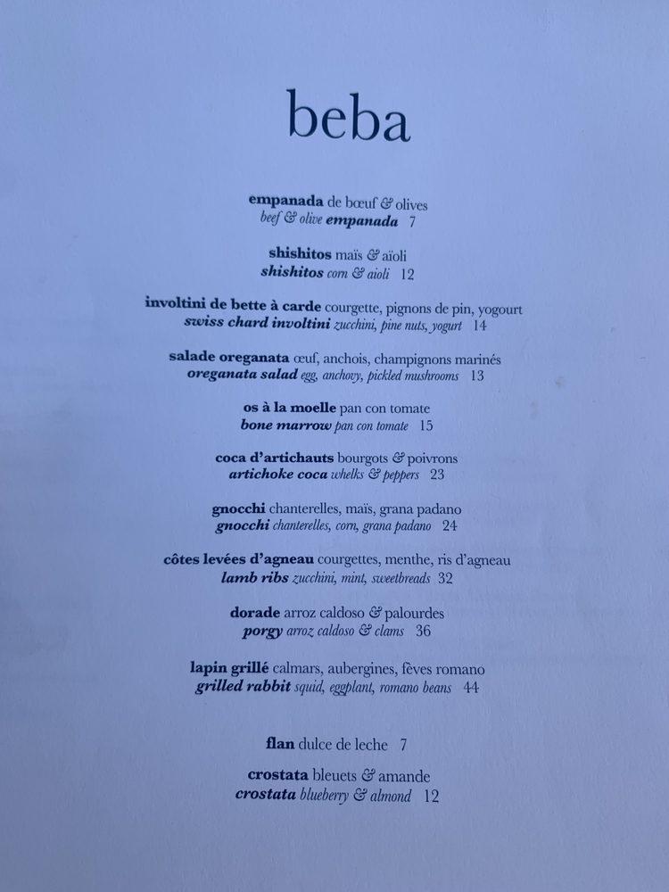 Menu at Restaurant Beba, Montreal