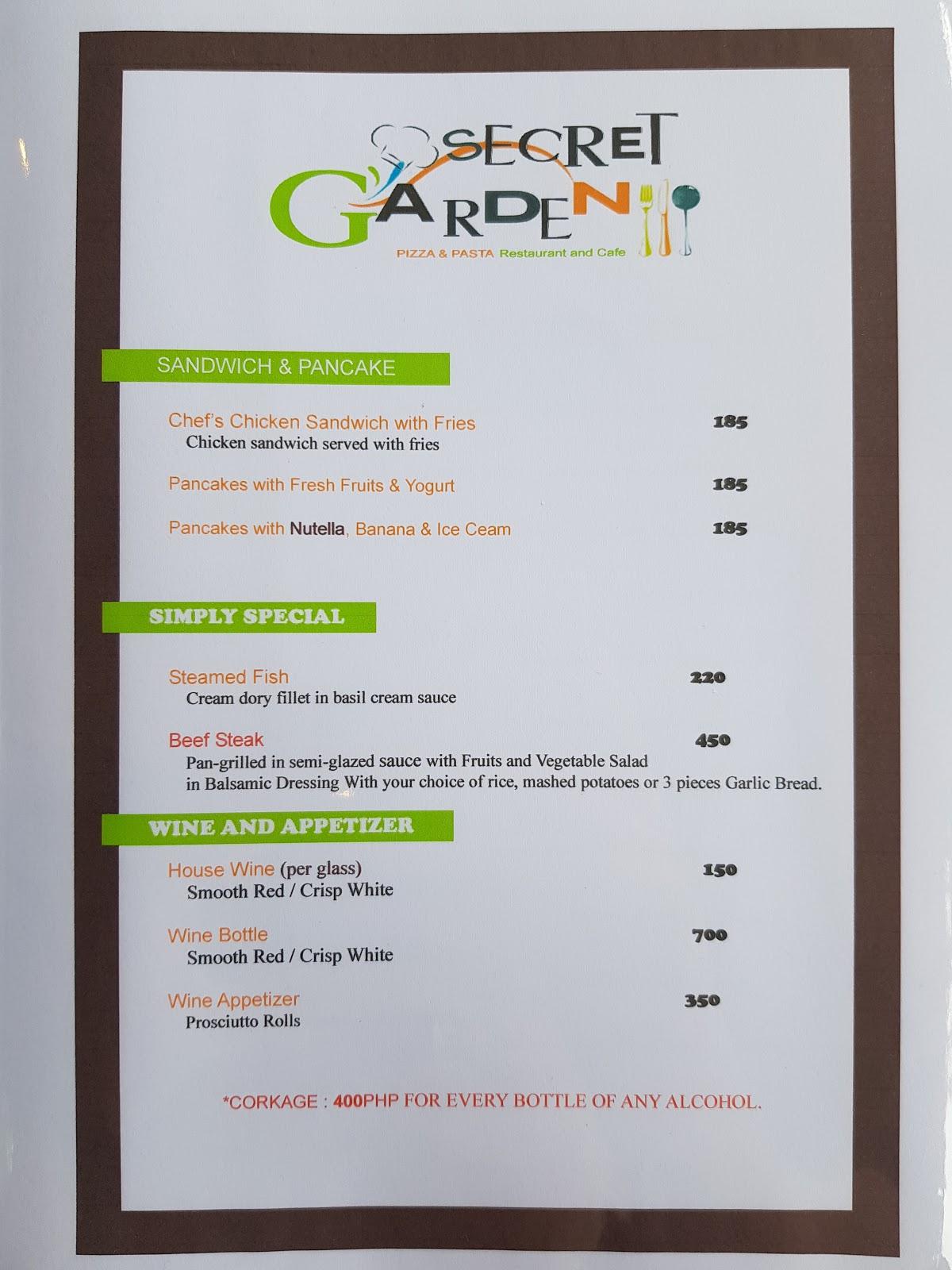 Menu at Secret Garden restaurant, Baguio