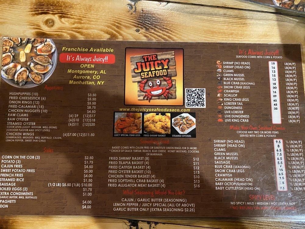 Menu at The Juicy Seafood restaurant, Aurora