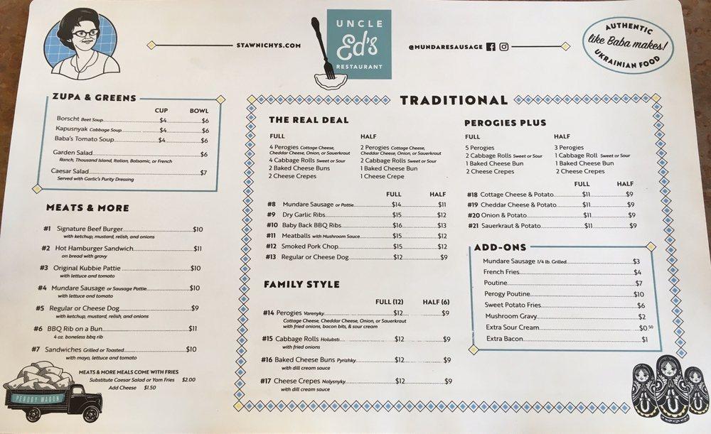 Menu at Uncle Ed's Restaurant, Edmonton