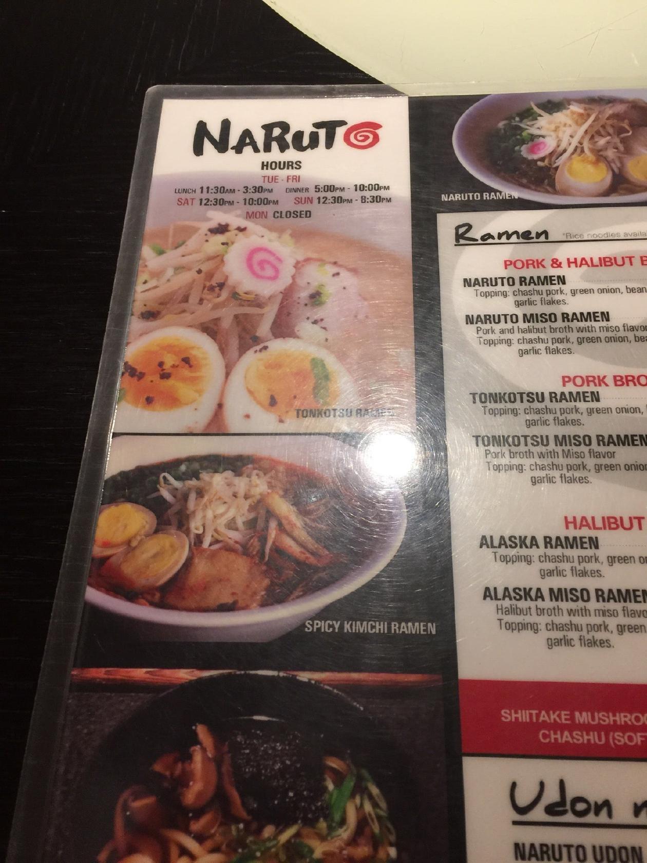 Menu at Naruto Japanese Restaurant, Anchorage