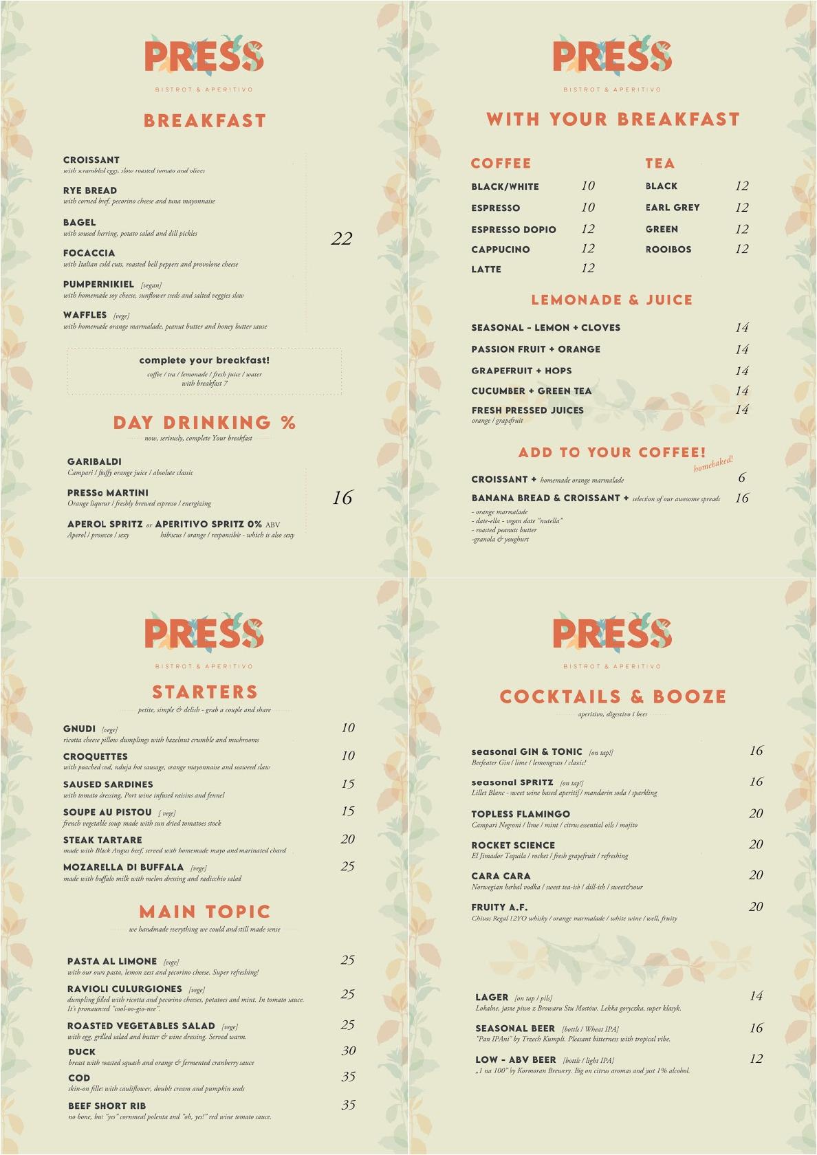 Menu at PRESS - Bistrot & Aperitivo restaurant, Wrocław