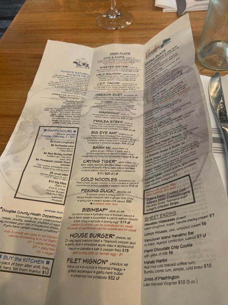 Menu at Pacific Eating House restaurant, Omaha