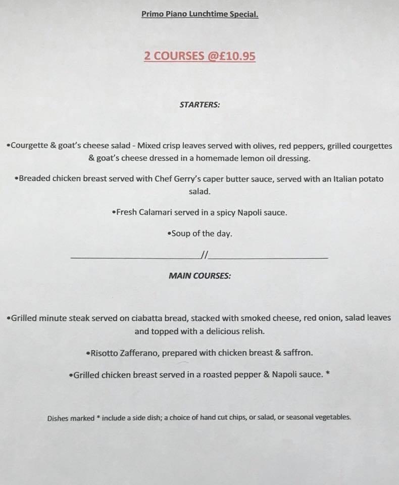 Menu at Primo Piano restaurant, Morpeth