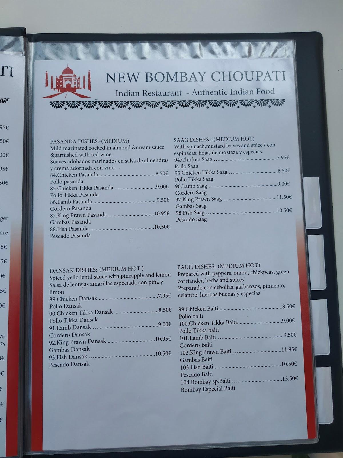 Carta de Restaurante New Bombay Choupati, España
