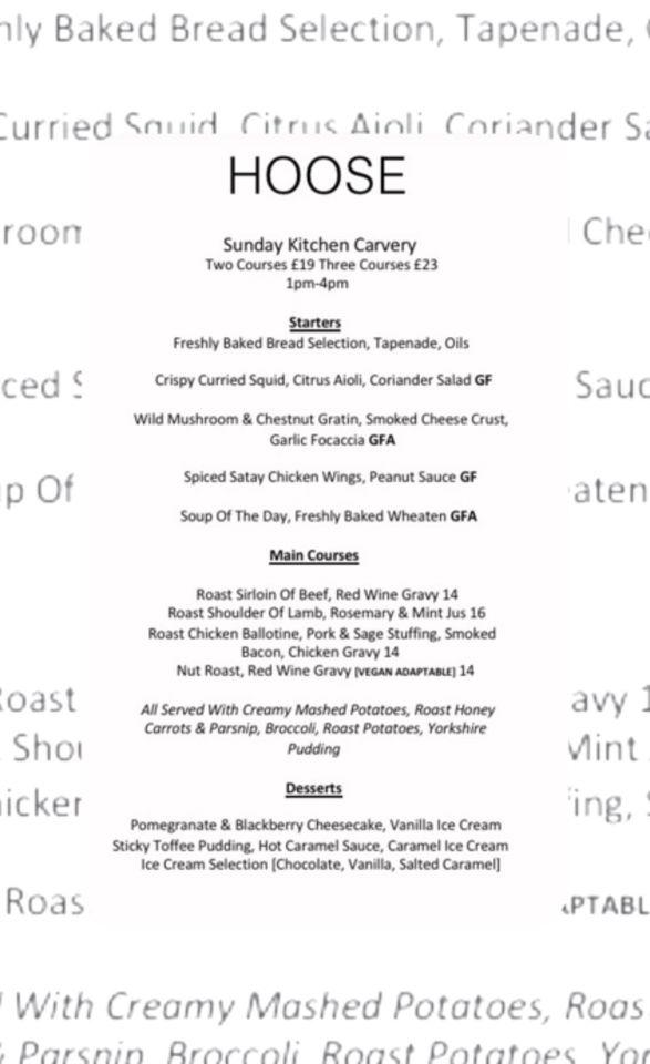 Menu at The Hoose Bistro restaurant, Belfast