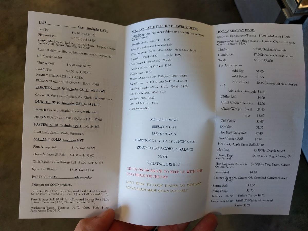 Menu at Aussie Pastries & Batavia Coast Bakery, Geraldton, 25 Beaver St