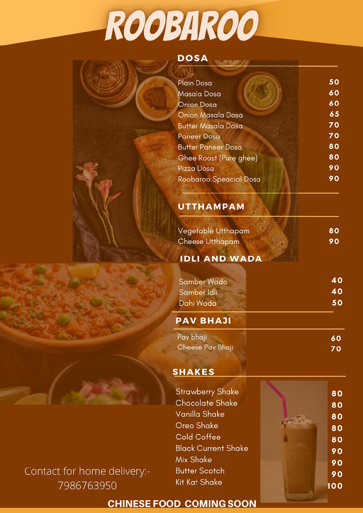 Menu at Roobaroo Cafe, Jalalabad