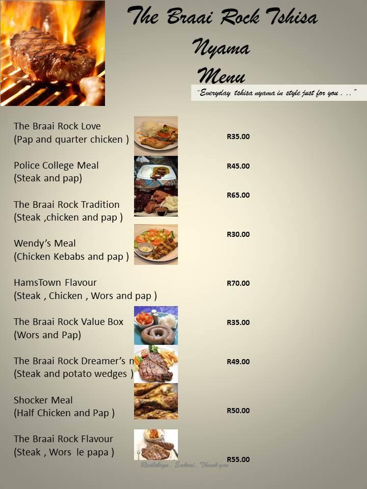 Menu au The Braai Rock Tshisa Nyama restaurant, Pretoria