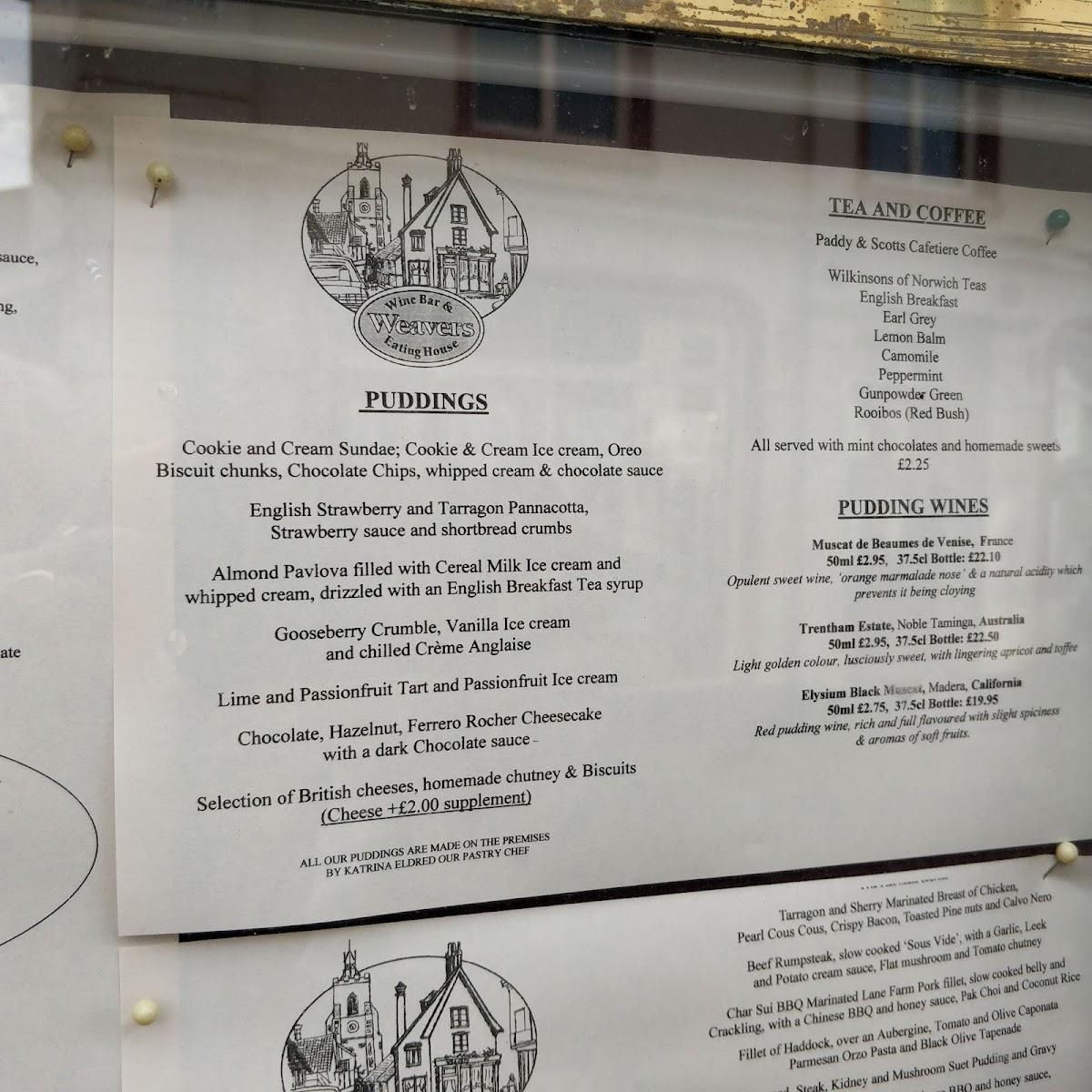 Menu at Weavers restaurant, Diss