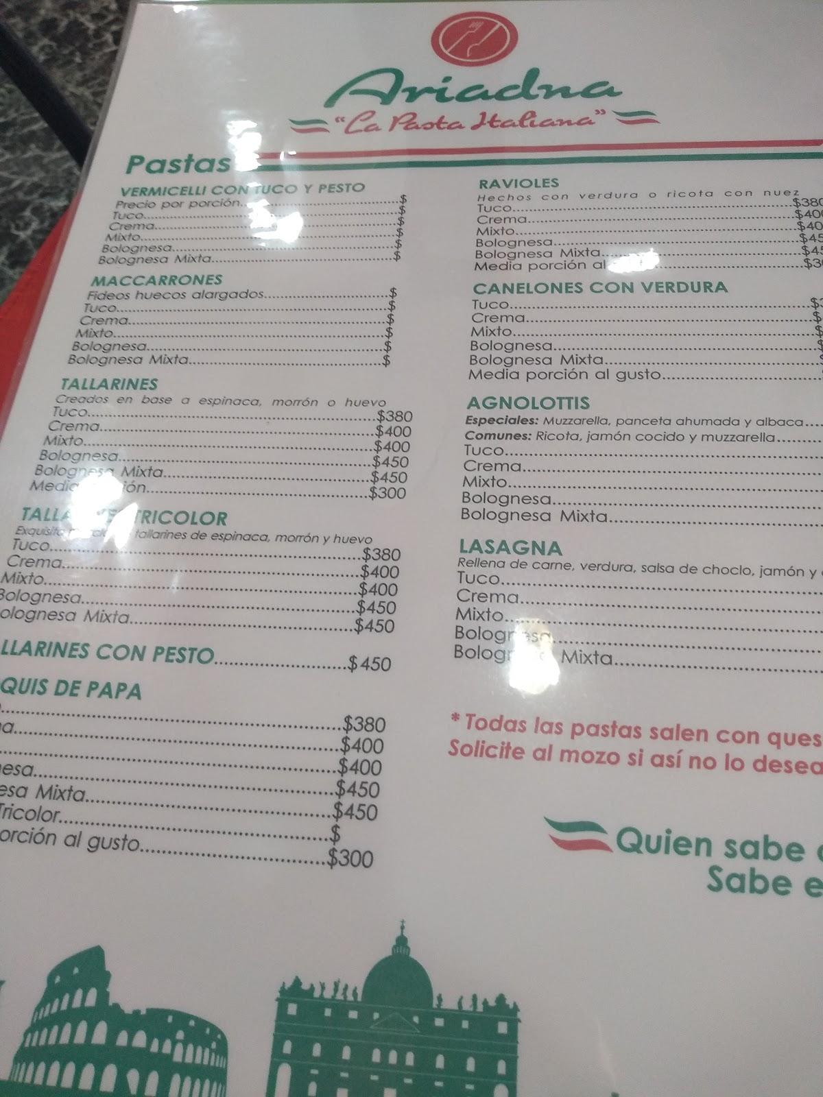 Menu at Ariadna "La Pasta Italiana" restaurant, Santa Fe