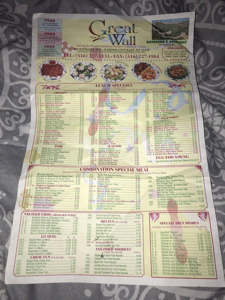 Menu at Great Wall Restaurant, Garden City