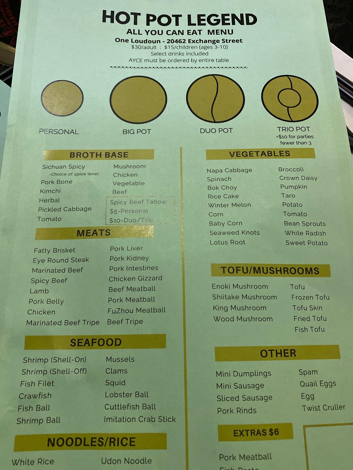 Menu at Hot Pot Legend restaurant, Ashburn