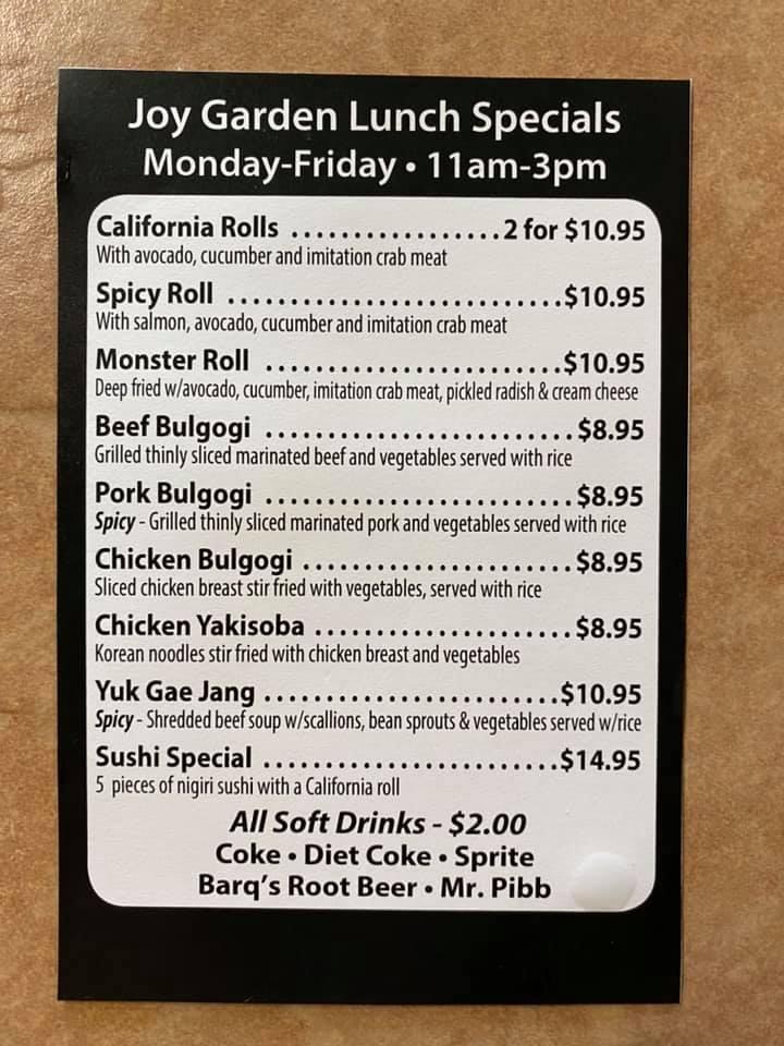 Menu at Joy Garden restaurant, Yakima