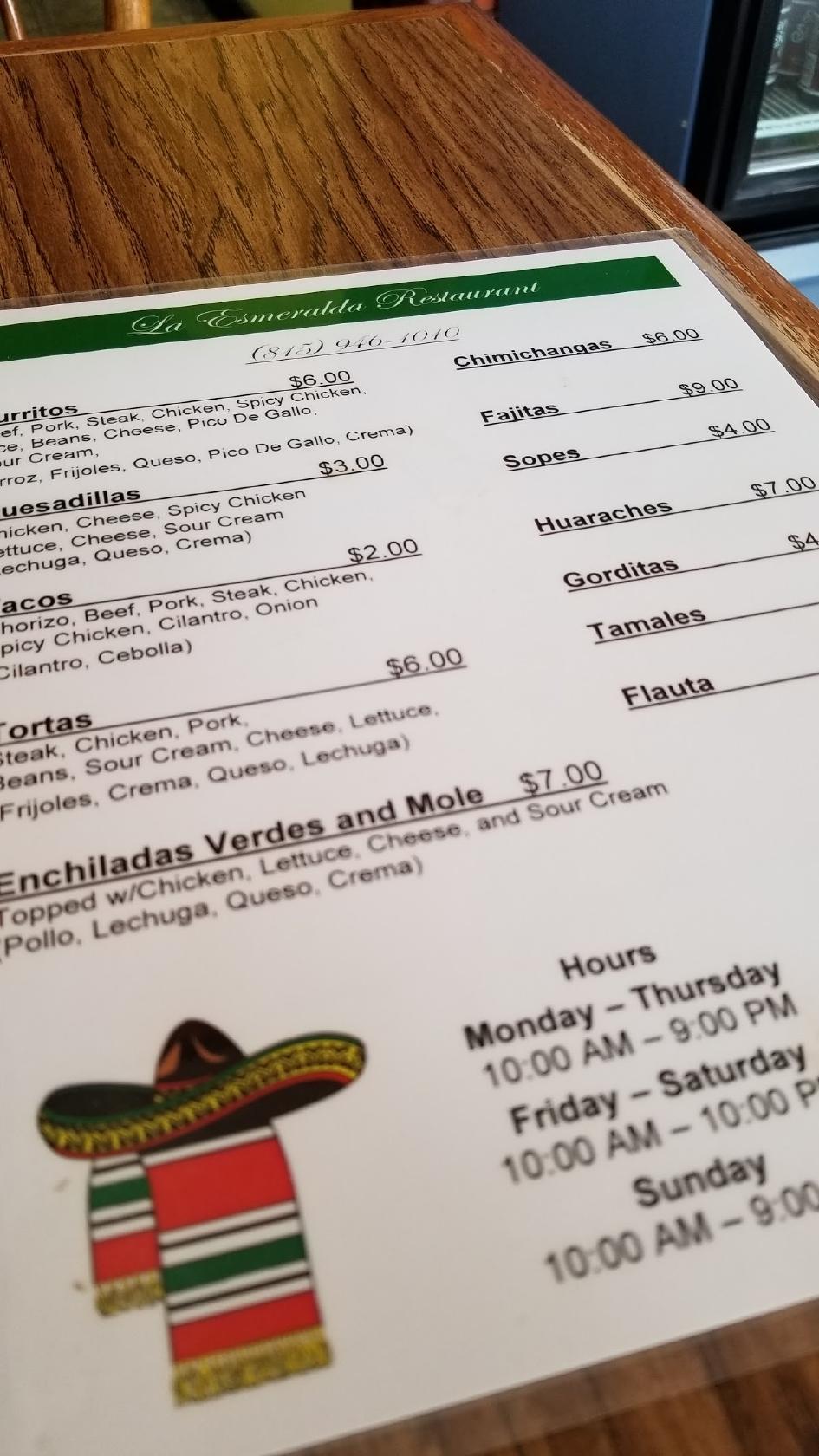 Menu at La Esmeralda Mexican Restaurant, Polo