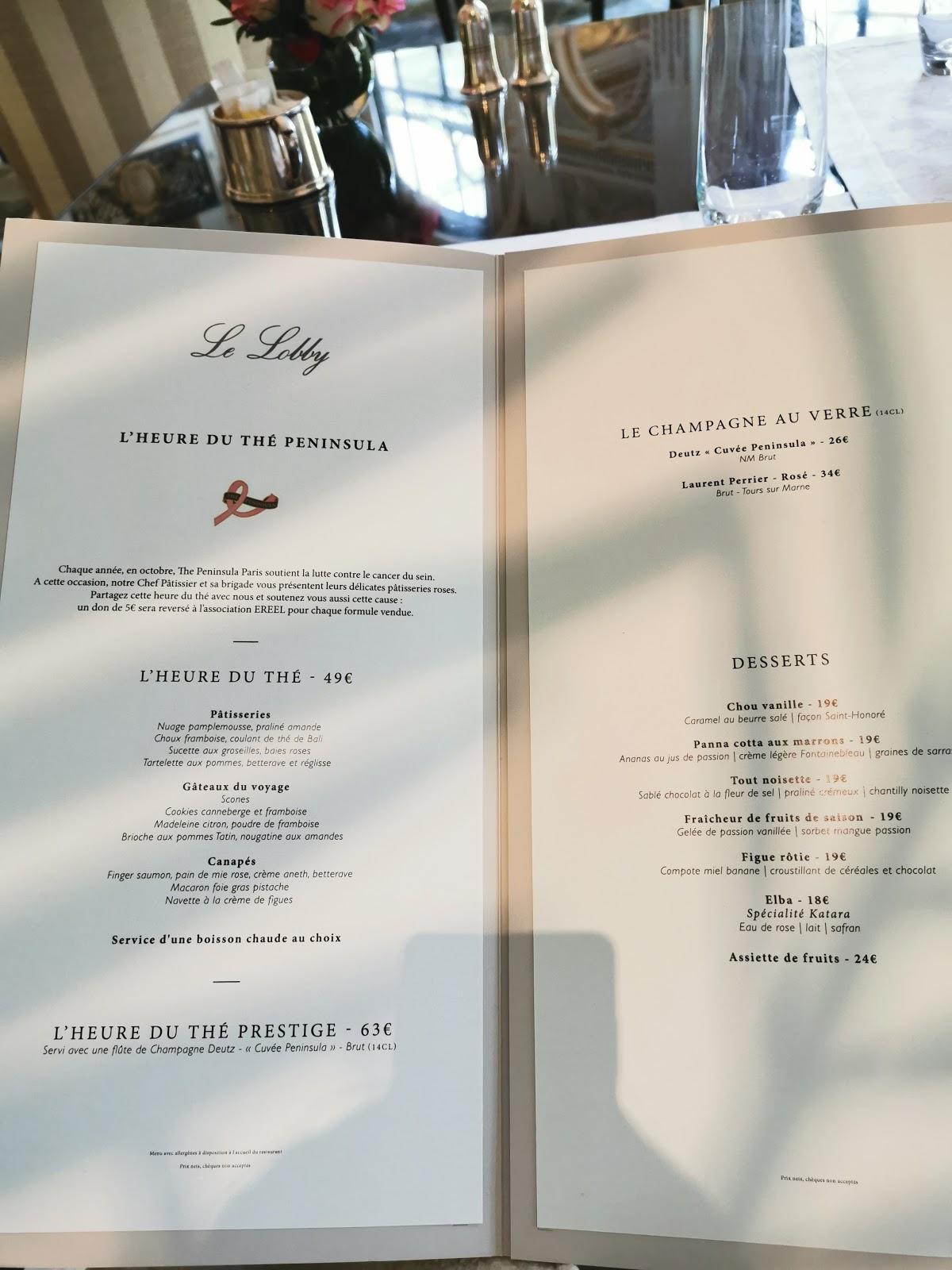 Menu at Le Lobby restaurant, Paris