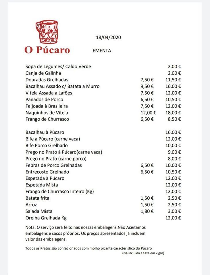 Menu em O Púcaro restaurante, Aveiro