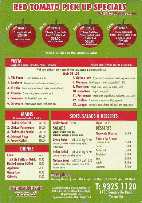 Menu at Red Tomato Cafe, Yarraville