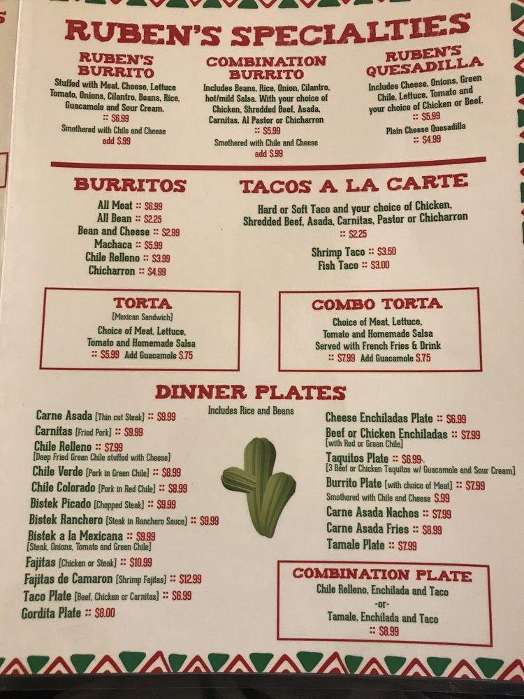 Menu at Ruben's Grill Mexican Restaurant, Albuquerque