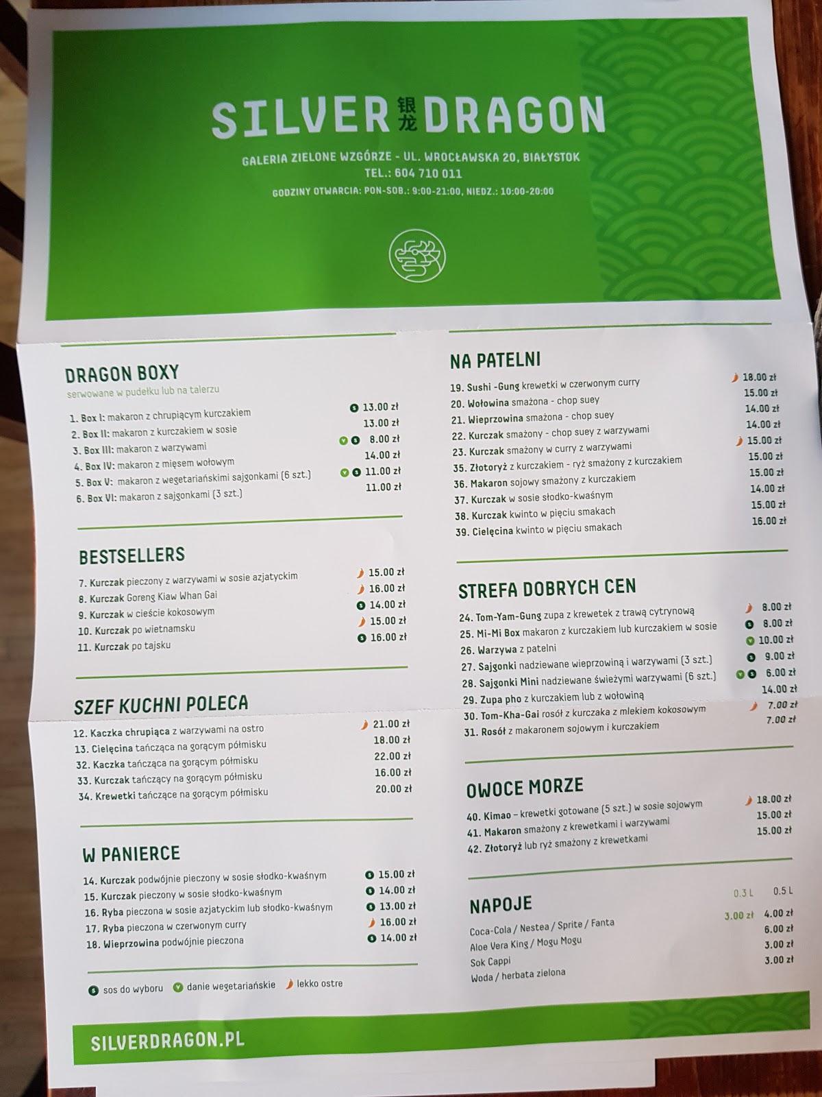 Carta del restaurante Silver Dragon, Białystok
