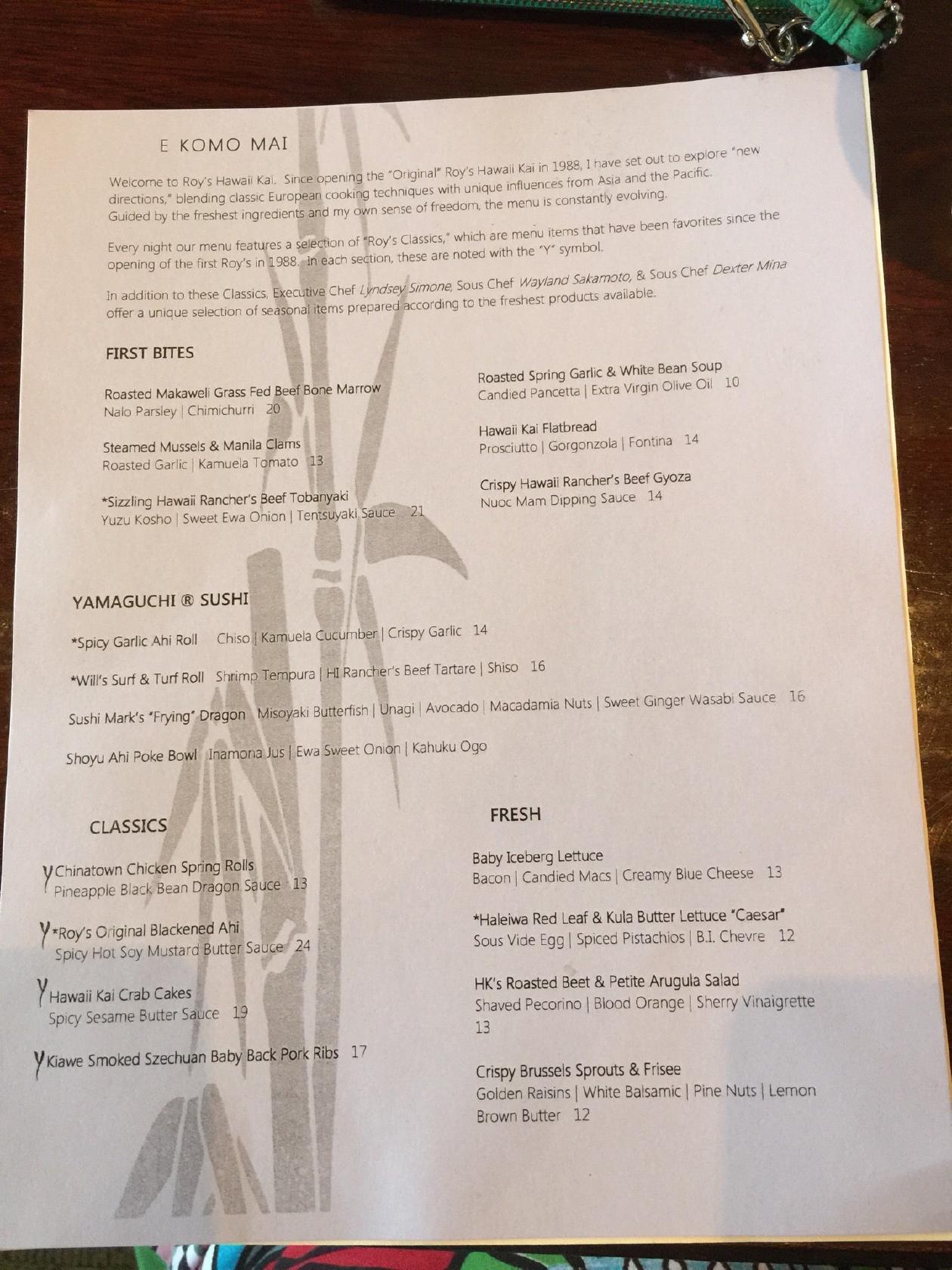 Menu at The Original Roy's in Hawaii Kai restaurant, Honolulu