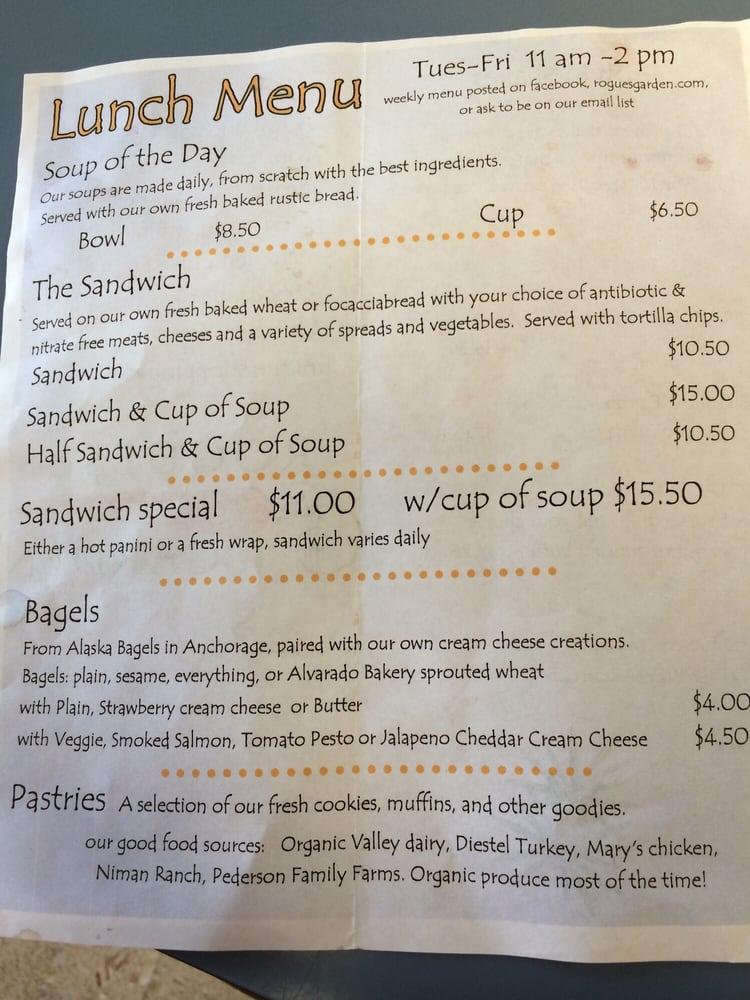 Menu at Rogue's Garden cafe, Valdez