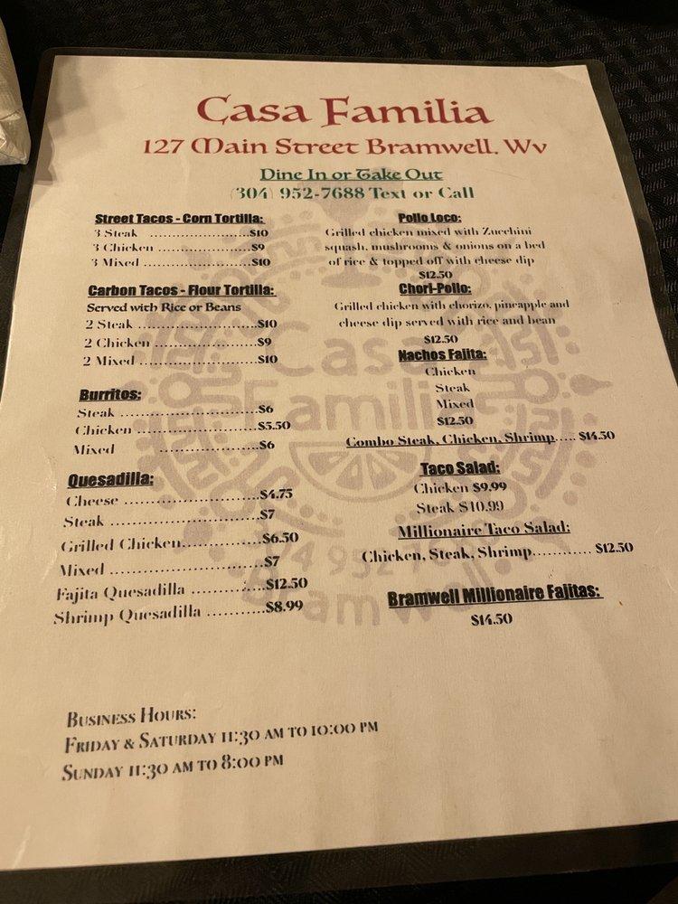 Menu at Casa Familia restaurant, Bramwell