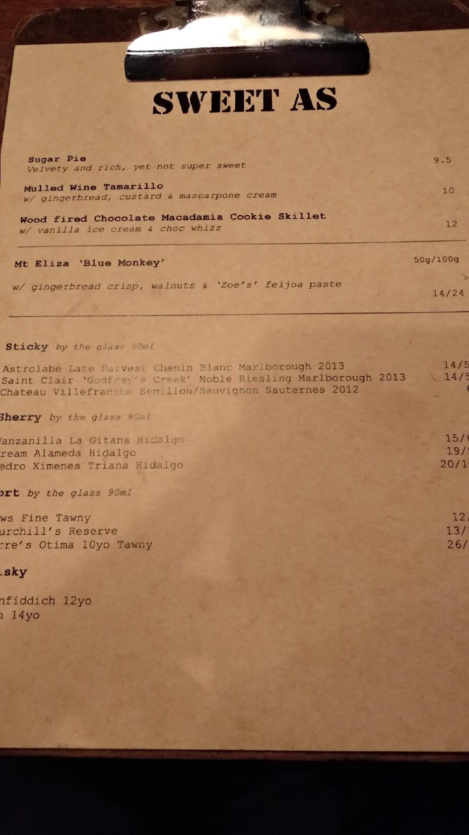Menu at Depot restaurant, Auckland