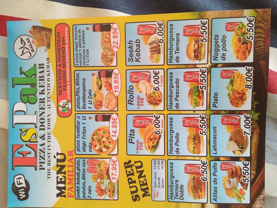 Menu at Espak Pizza & Doner Kebab restaurant, Villajoyosa