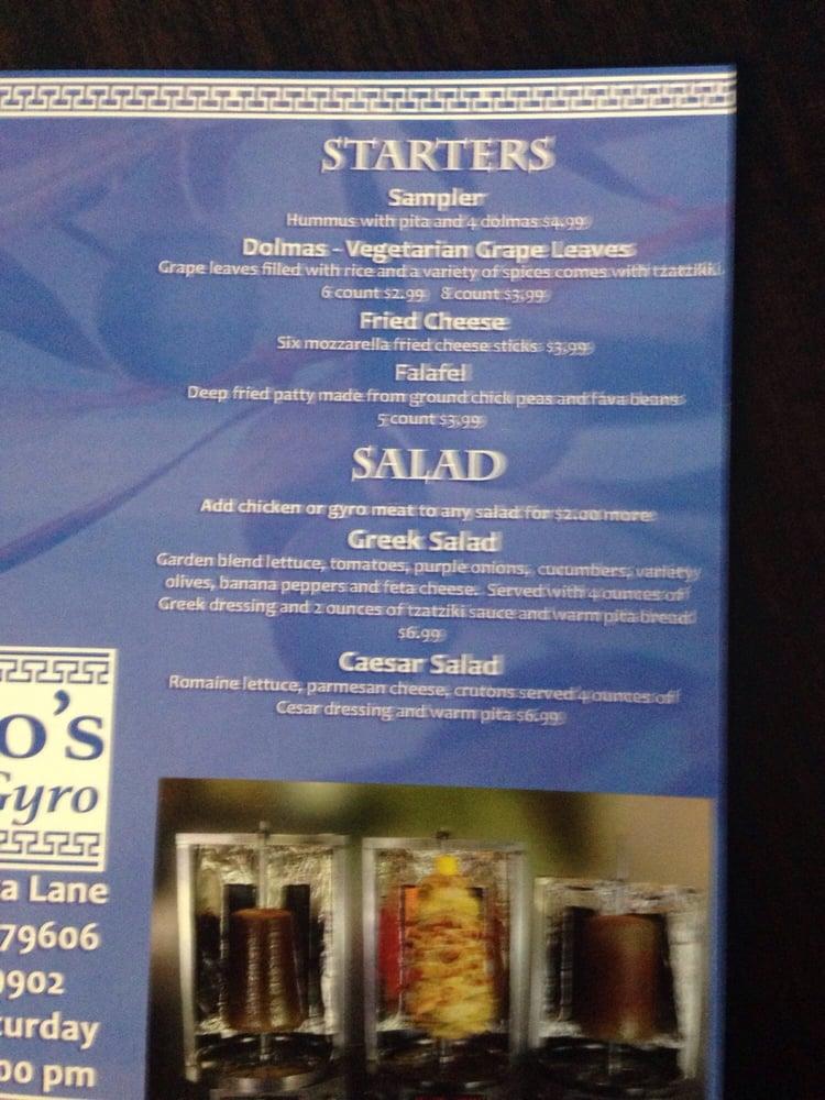 Menu at Nikos Greek Gyros restaurant, Abilene