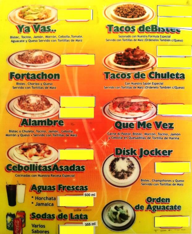 Menu at Tacos Orientales de Cuernavaca restaurant, Ciudad Juarez