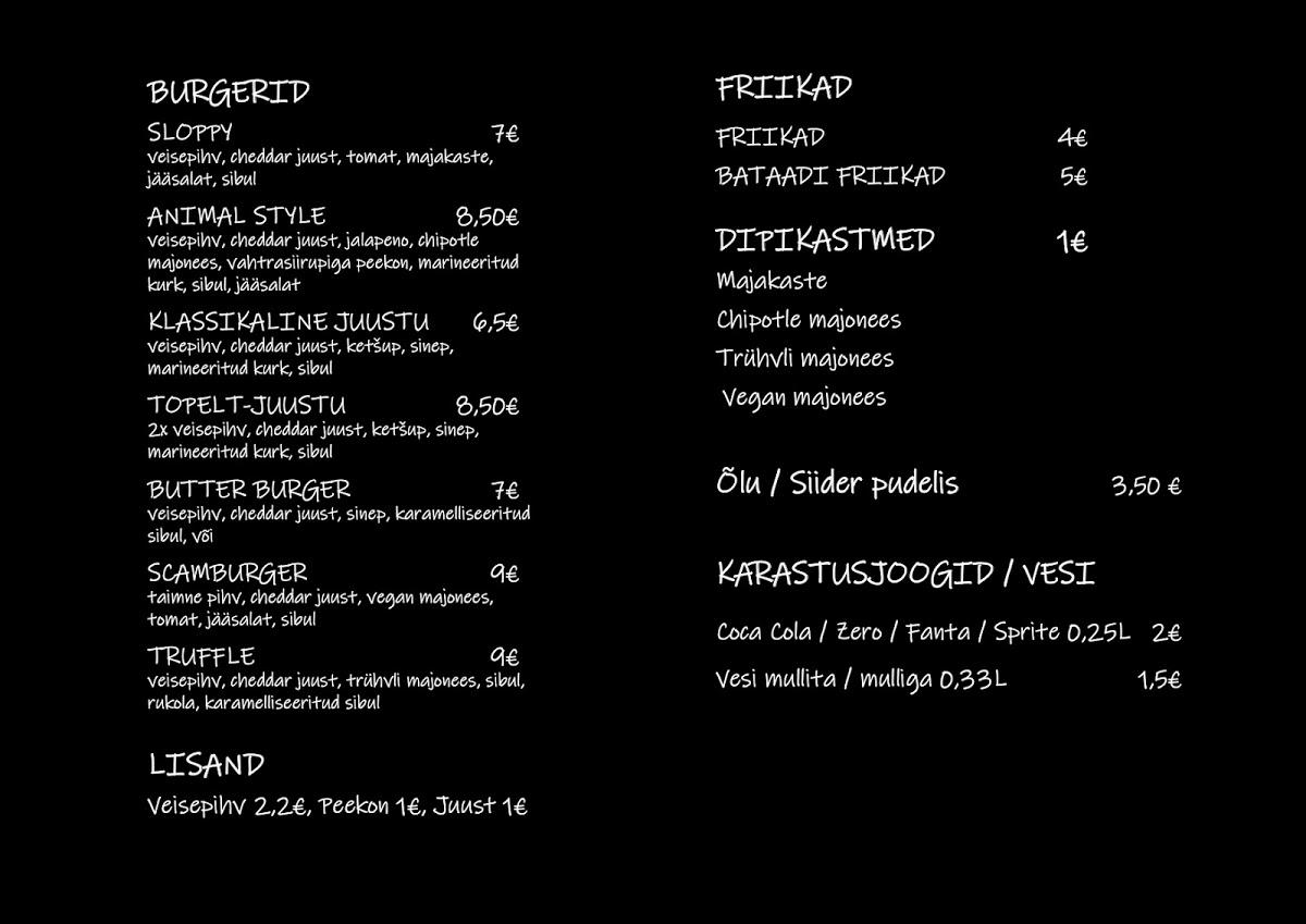 Menu at Viru Burger x Tartu Kaubamaja restaurant, Tartu
