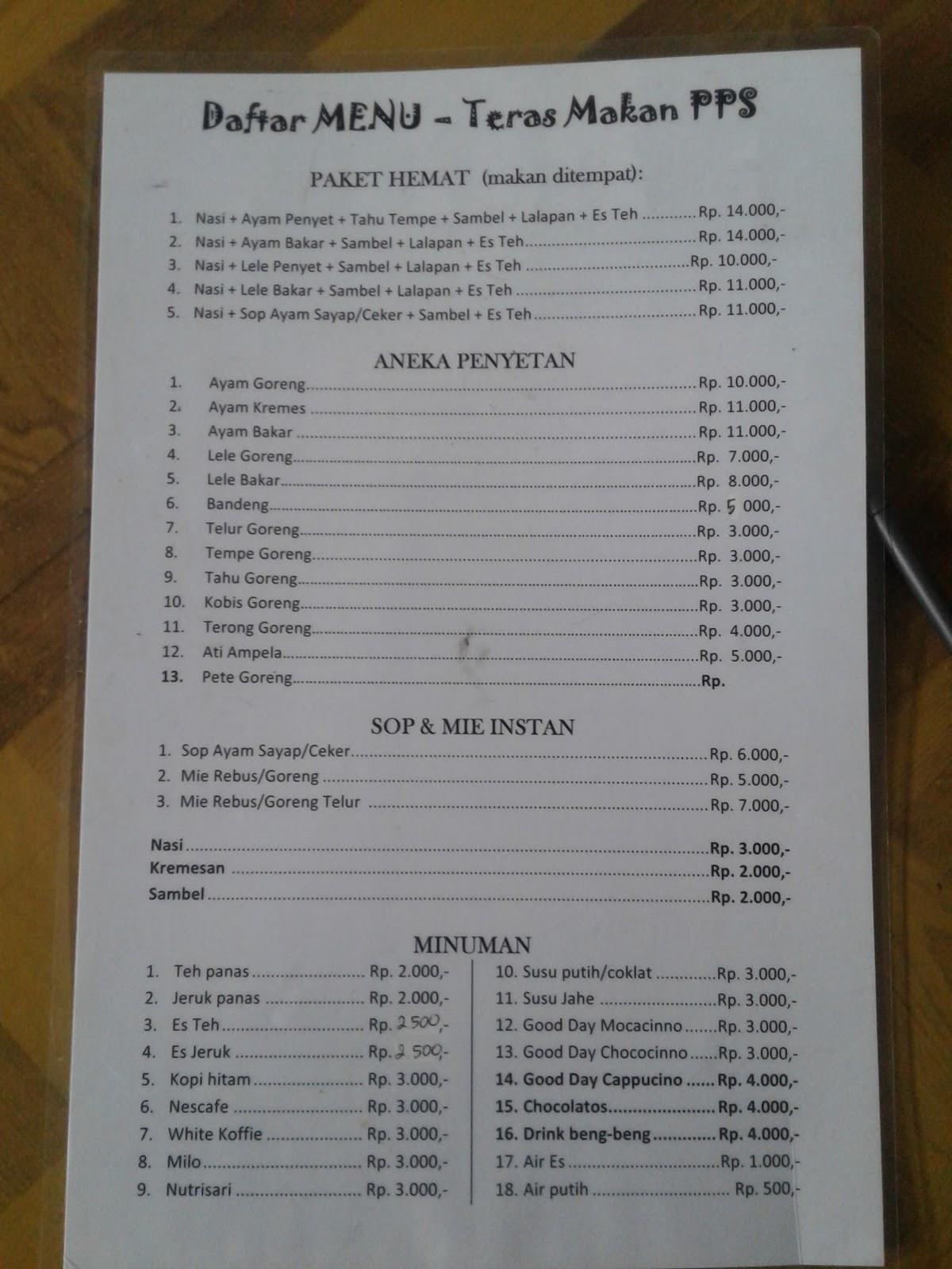 Menu at Teras Makan Pondok Putri Shari restaurant, Yogyakarta