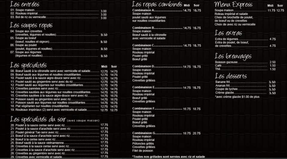 Menu au Chez Pham restaurant, Laval