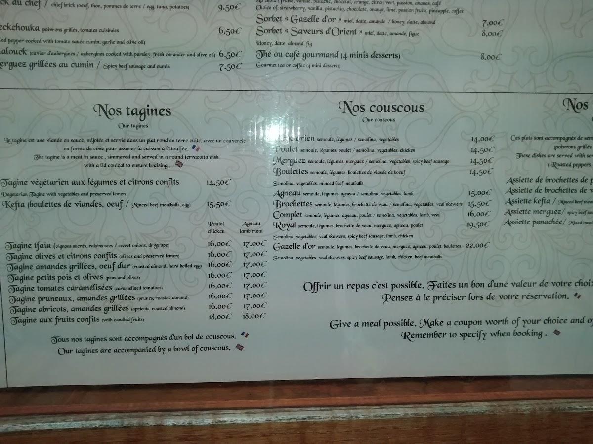 Menu au La Gazelle d'Or restaurant, Belfort
